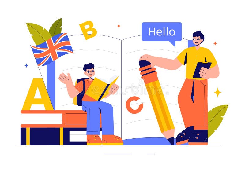 English Language Vector Illustration Featuring Students Studying ...