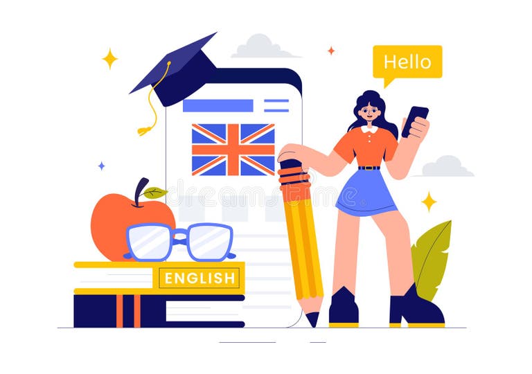 English Language Vector Illustration Featuring Students Studying ...