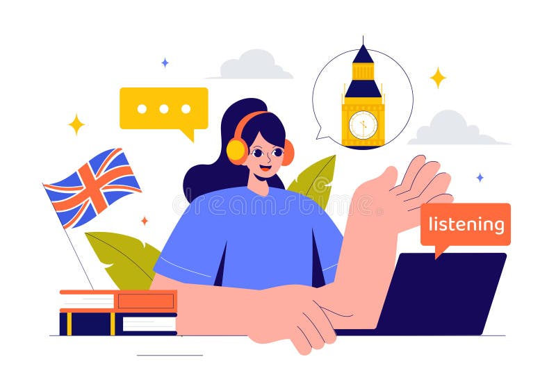 English Language Vector Illustration Featuring Students Studying ...