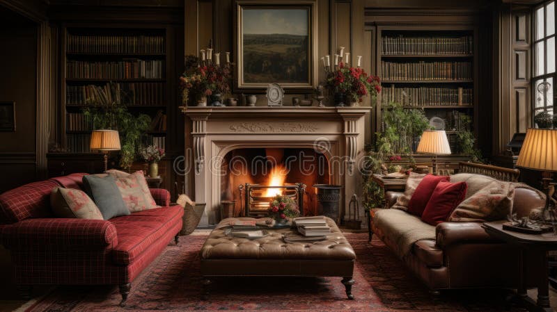 English Living Room with a Fireplace Stock Illustration - Illustration ...