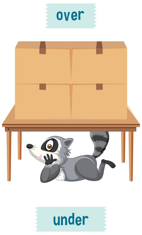 English Prepositions with Raccoons and Box Under and Over the Table ...