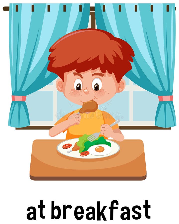 English Prepositions of Time with Kid Have a Breakfast Scene Stock ...