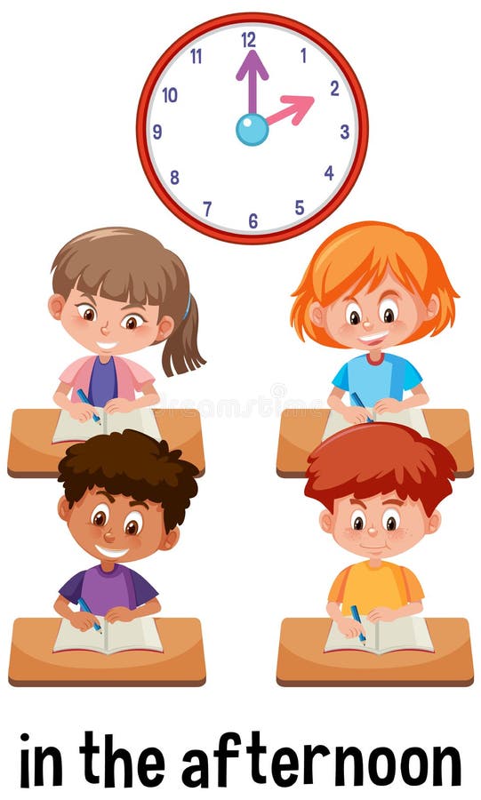English Prepositions of Time with Set of Kids Learning at 2 Pm Stock ...