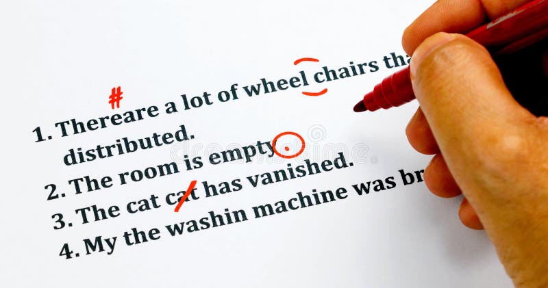 English Sentences and Correcting Symbols on White Sheet Stock Photo ...