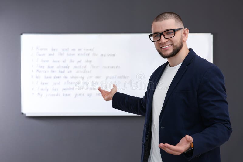 English Teacher Near Whiteboard with Task at Lesson Stock Image - Image ...