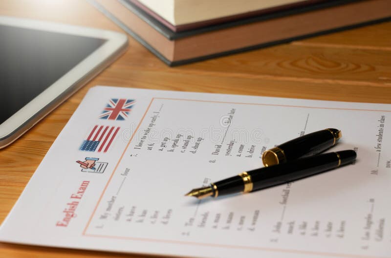 English Test with Pen on Wooden Table in Class Stock Image - Image of ...