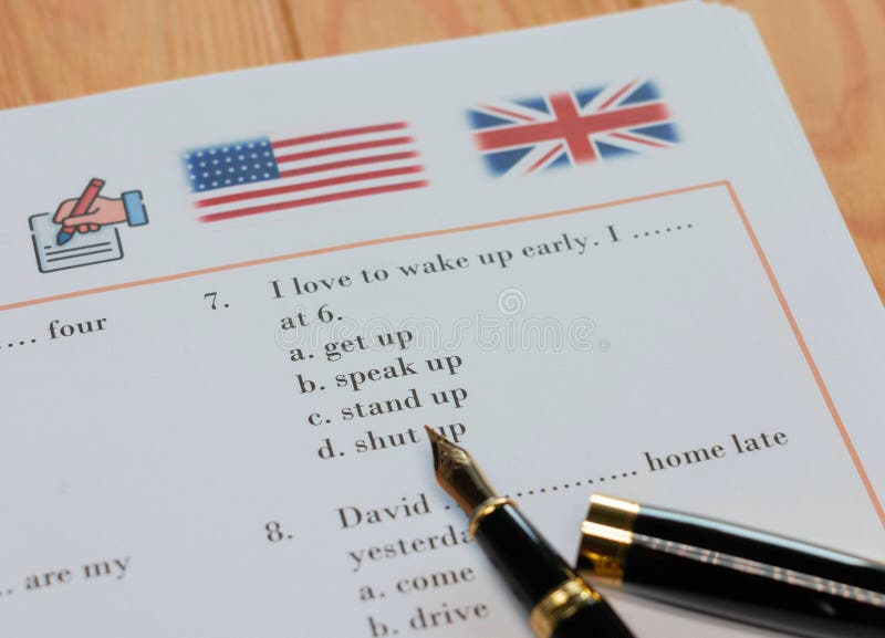 English Test with Pen on Wooden Table in Class Stock Photo - Image of ...