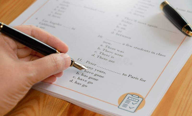 English Test with Pen on Wooden Table in Class Stock Image - Image of ...