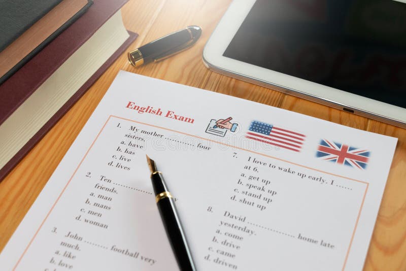 English Test with Pen on Wooden Table in Class Stock Image - Image of ...