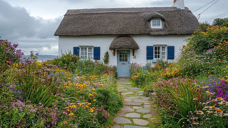 English Whitewashed Cottage Exterior in Cornwall Stock Illustration ...