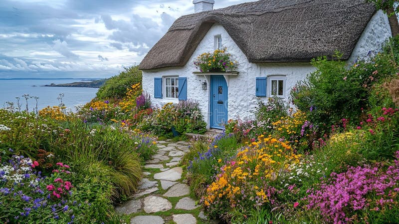 English Whitewashed Cottage Exterior in Cornwall Stock Illustration ...