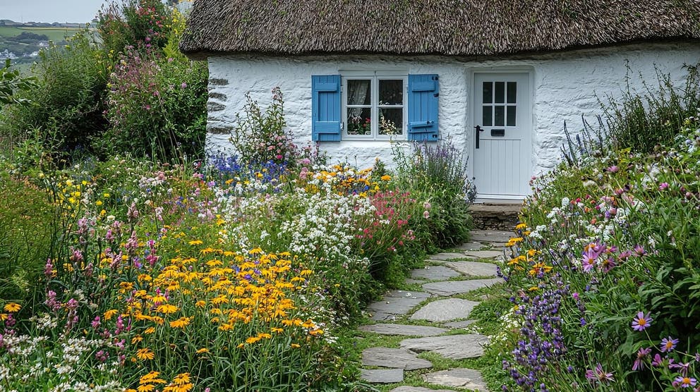English Whitewashed Cottage Exterior in Cornwall Stock Illustration ...