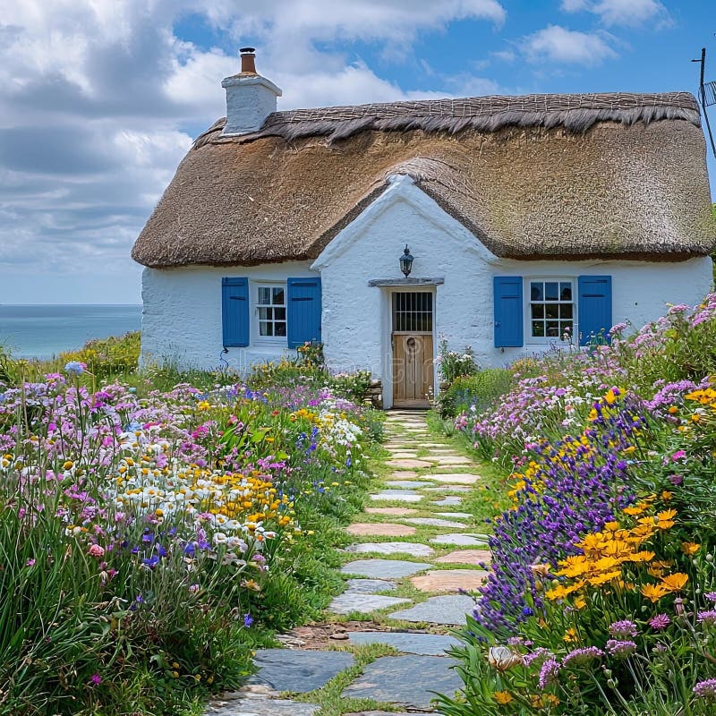 English Whitewashed Cottage Exterior in Cornwall Stock Illustration ...