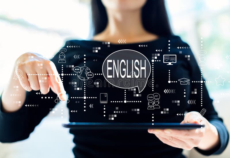 English with Woman Using Tablet Stock Photo - Image of speak ...