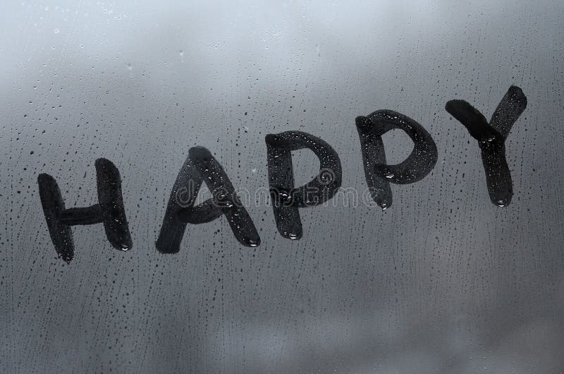 The English Word Happy is Written with a Finger on the Surface of the ...