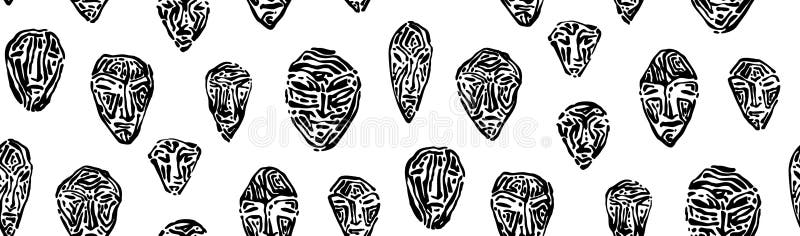 Engraved Ancient Stone Masks Seamless Pattern. Endless Hand Drawn Human ...