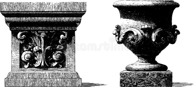 Engraved Architectural Elements Featuring Classical Temple Corner and ...