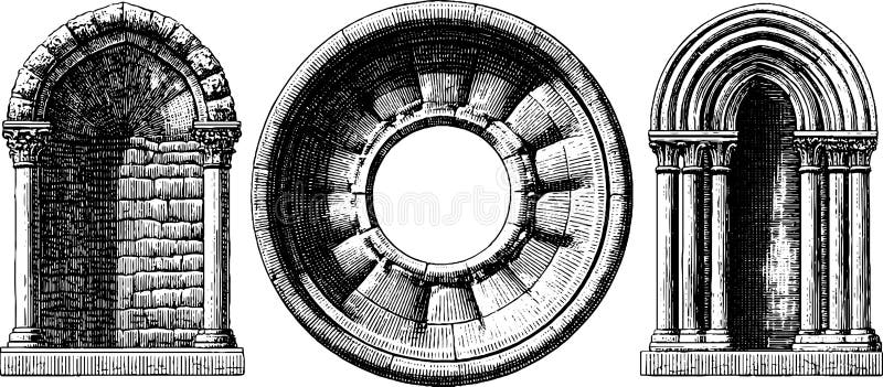 Engraved Architectural Elements Featuring Pointed Arch and Rose Window ...