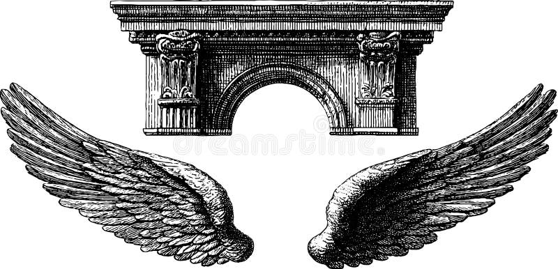 Engraved Architectural Illustration with Triumphal Arch and Wing Motif ...