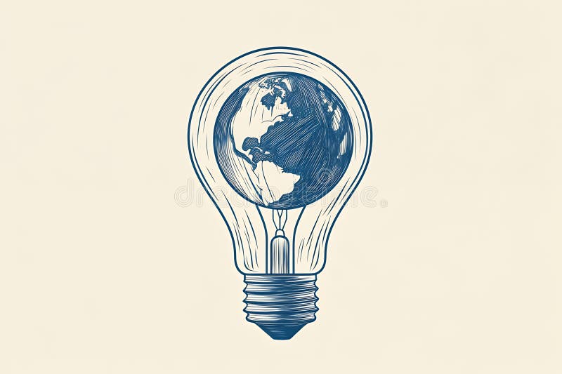Engraved Globe Inside Lightbulb Eco Idea Concept Art Blue Earth Retro ...