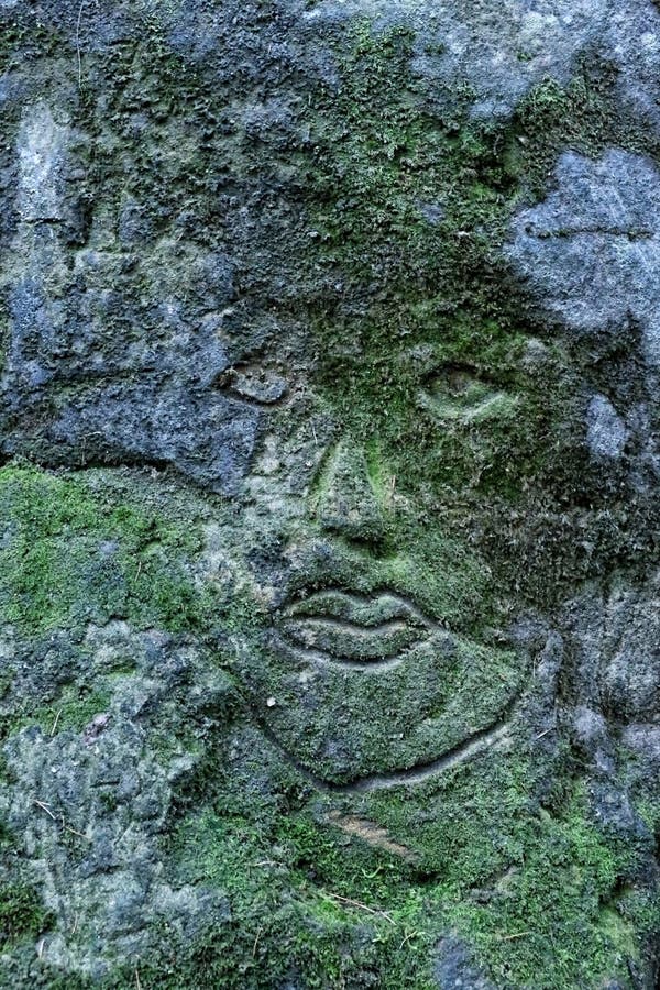 Engraved Human Face with Mouth and Open Eyes Covered by Green Moss ...