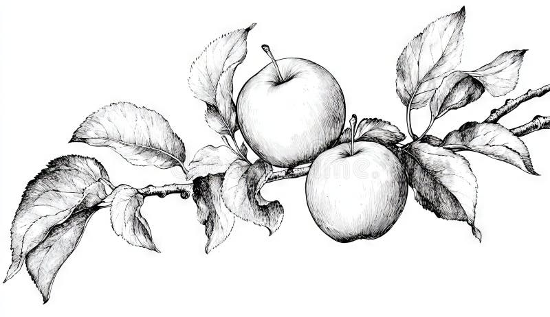 An Engraved Illustration of an Apple Branch, Highlighted on White Stock ...