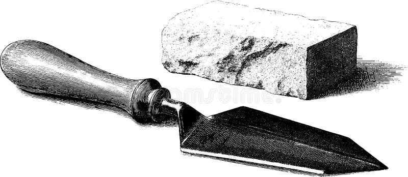 Engraved Illustration of Masonry Chisel and Brick for Construction ...