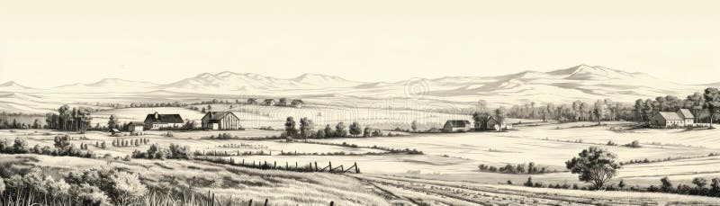 Engraved Illustration of Rural Panoramic Landscape with Farm. Panoramic ...