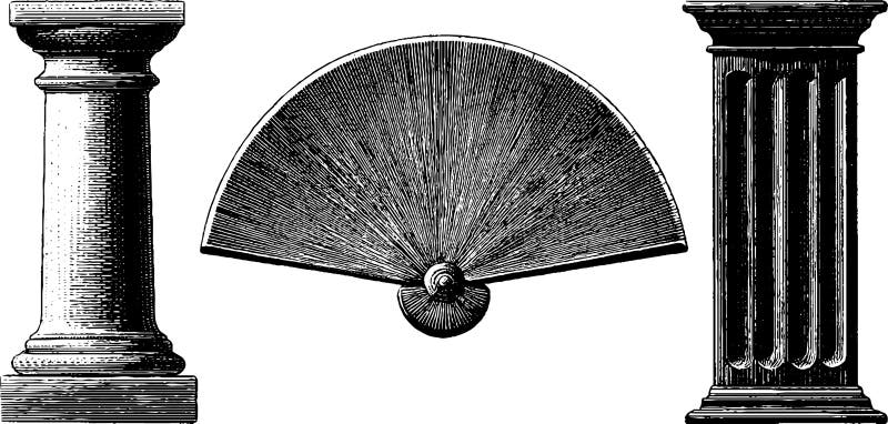 Engraved Illustration Set of Chrome Column and Architectural Elements ...