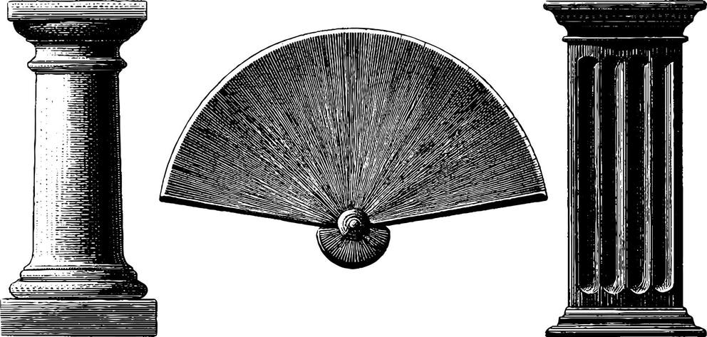 Engraved Illustration Set of Chrome Column and Architectural Elements ...