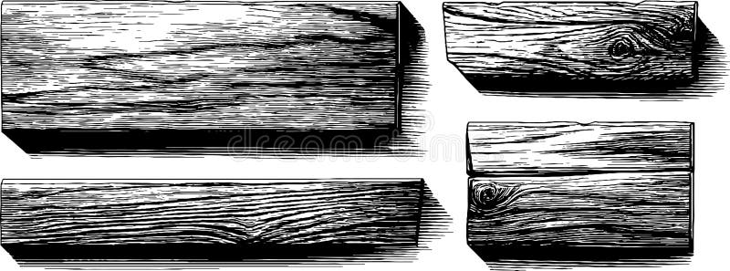 Engraved Illustration Set of Wooden Boards with Rustic Texture Elements ...
