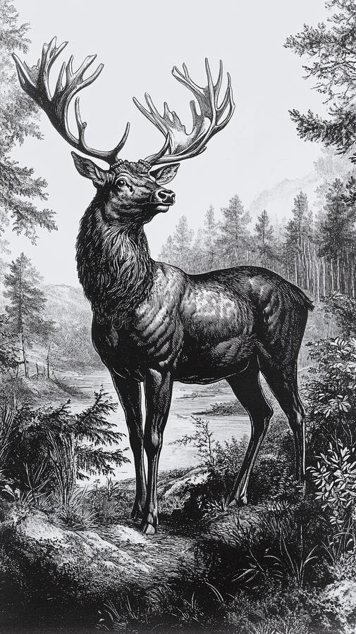 Engraved Illustration of a Stag in a Forest Clearing. Stock ...