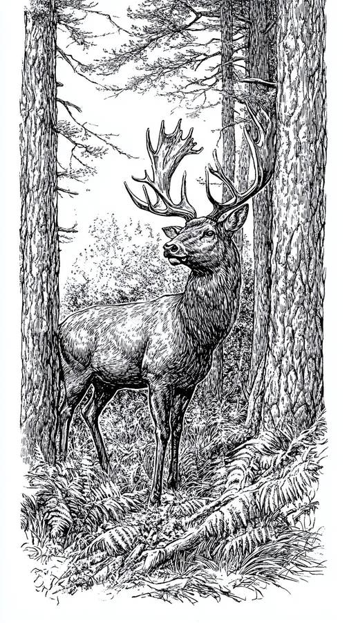 Engraved Illustration of a Stag in a Forest Clearing. Stock ...