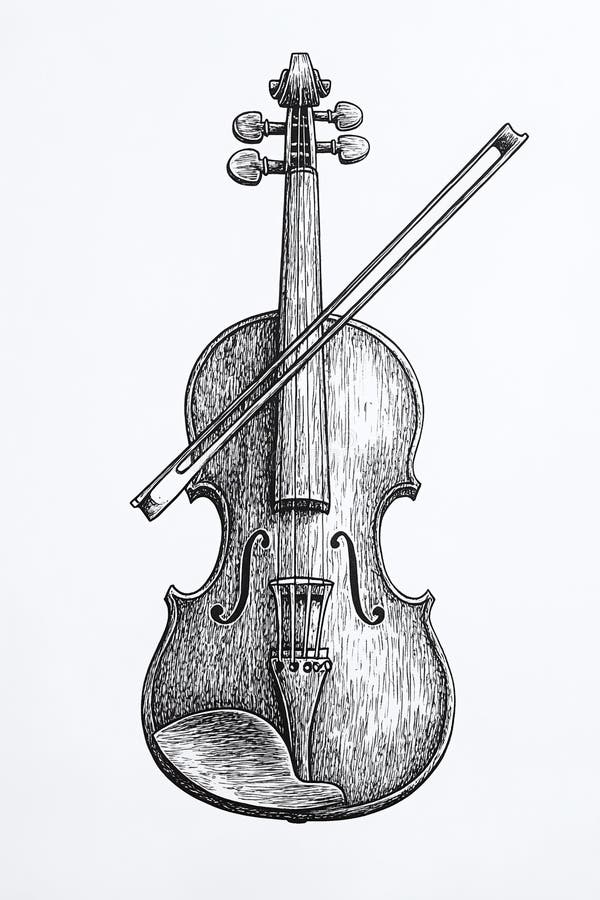 Engraved Illustration of a Violin with Detailed Strings and Bow Created ...