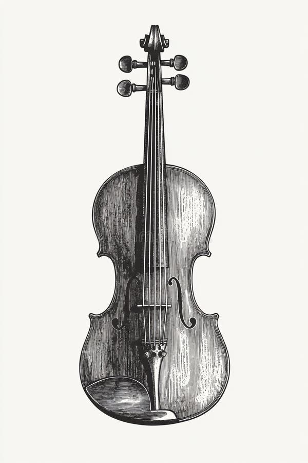 Engraved Illustration of a Violin with Detailed Strings and Bow Created ...