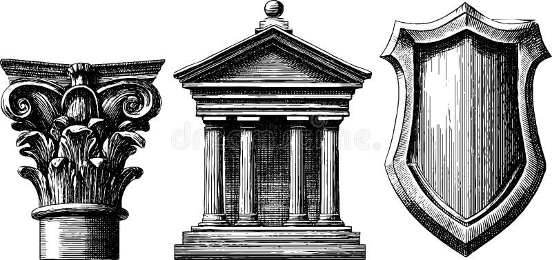 Engraved Illustrations of Temple Columns, Architectural Crest, and ...