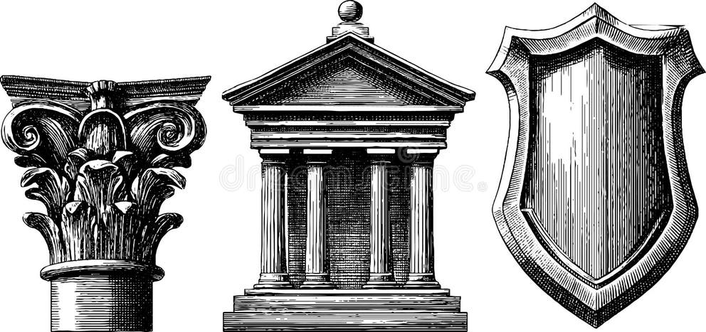 Engraved Illustrations of Temple Columns, Architectural Crest, and ...