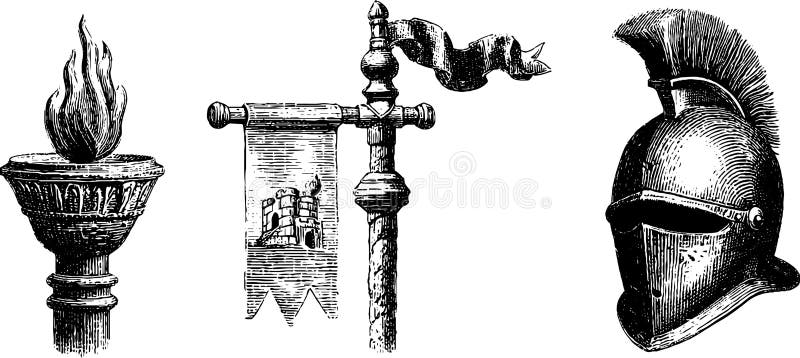Engraved Medieval Elements: Castle Torch, Banner, and Helmet for ...
