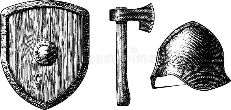 Engraved Medieval Objects Set Featuring Wooden Shield and Iron Helmet ...