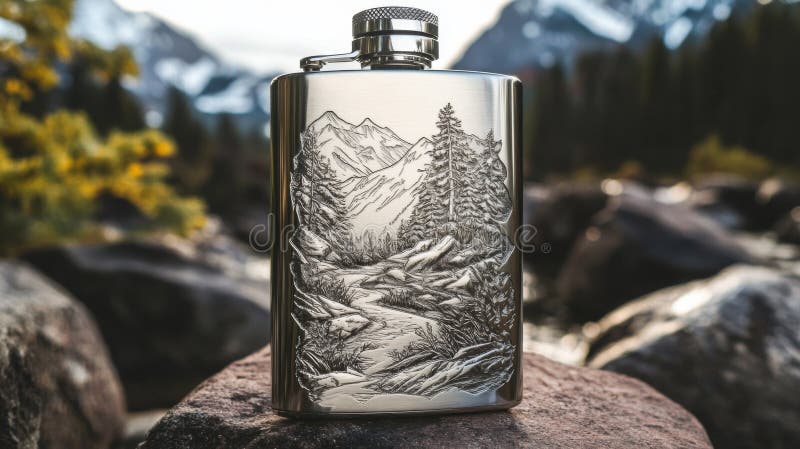 Engraved Metal Flask with Mountain and River Scene Stock Illustration ...