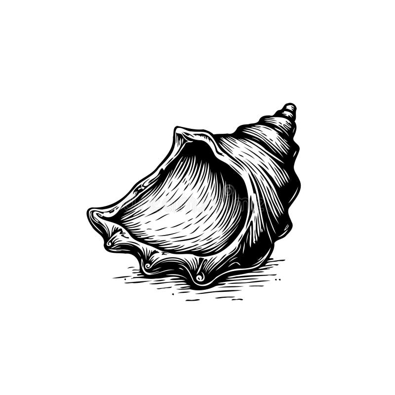 Engraved Seashell Illustration with Detailed Hatching on a White ...