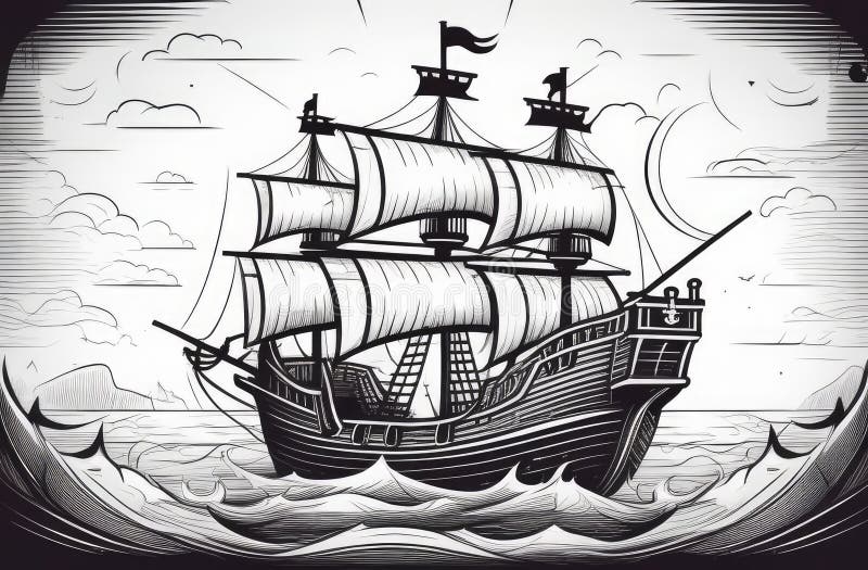 Engraved Ship at Sea, Retro Texture, Billowing Sails, Rolling Waves ...