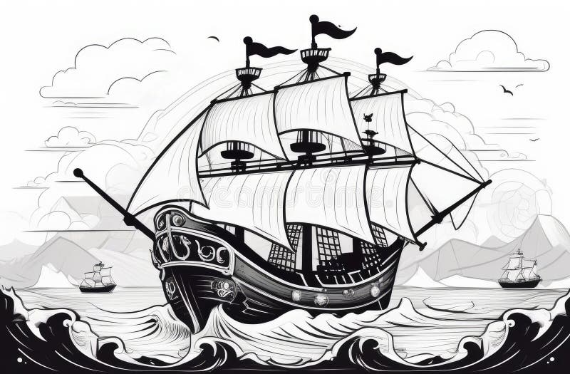 Engraved Ship at Sea, Retro Texture, Billowing Sails, Rolling Waves ...