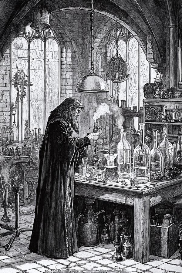 Engraving of an Alchemist in a Lab Filled with Glass Retorts and ...