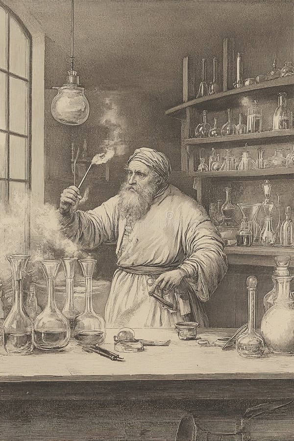 Engraving of an Alchemist in a Lab Filled with Glass Retorts and ...