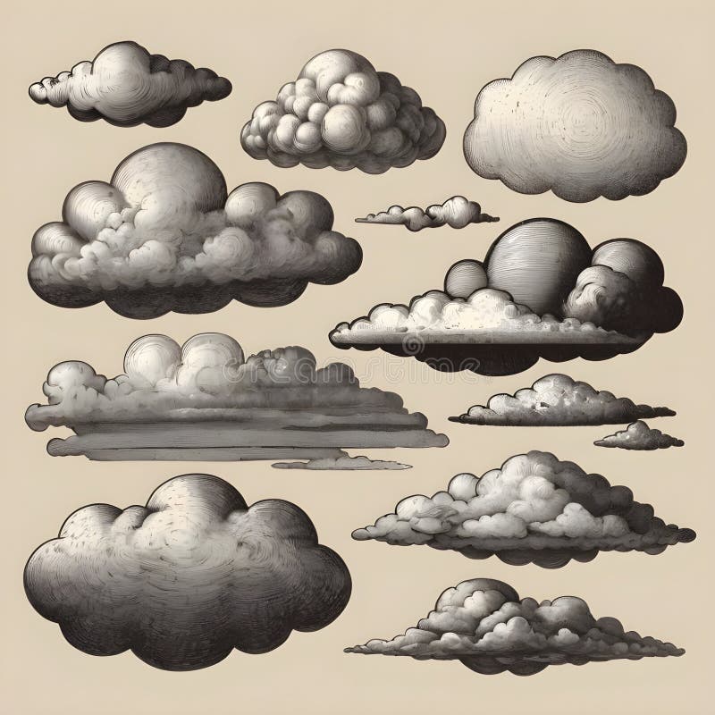 Engraving Hand Drawn Clouds Collection Stock Illustration - Illustration of clipart, style ...