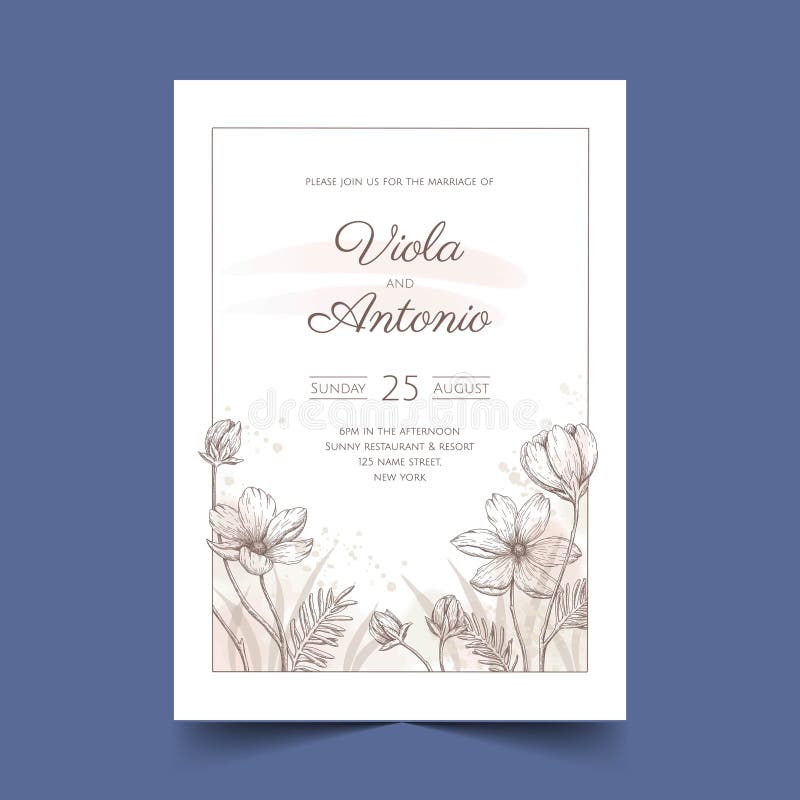 Engraving Hand Drawn Floral Wedding Invitation Vector Design ...