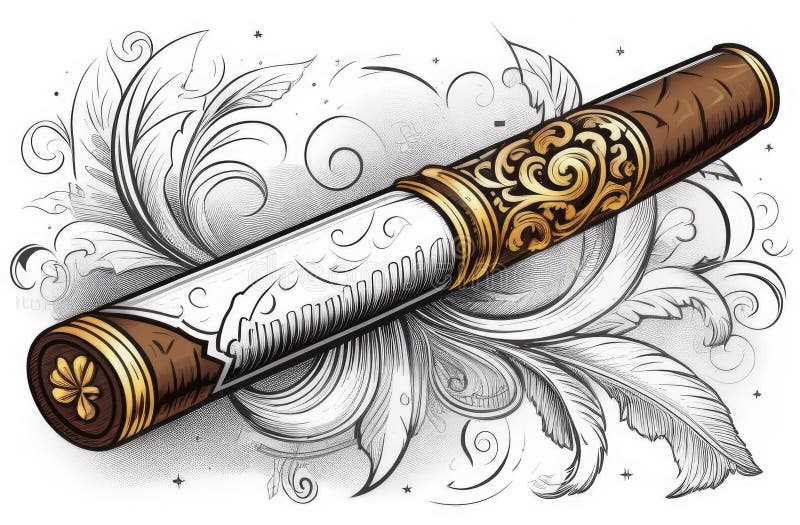 Engraving Illustration of Cuban Cigar with Floral Pattern on White ...