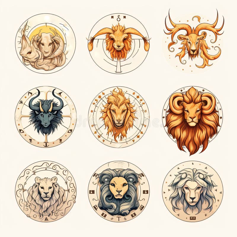 Engraving Illustration Set Featuring Nine Unique and Intricate Lion ...