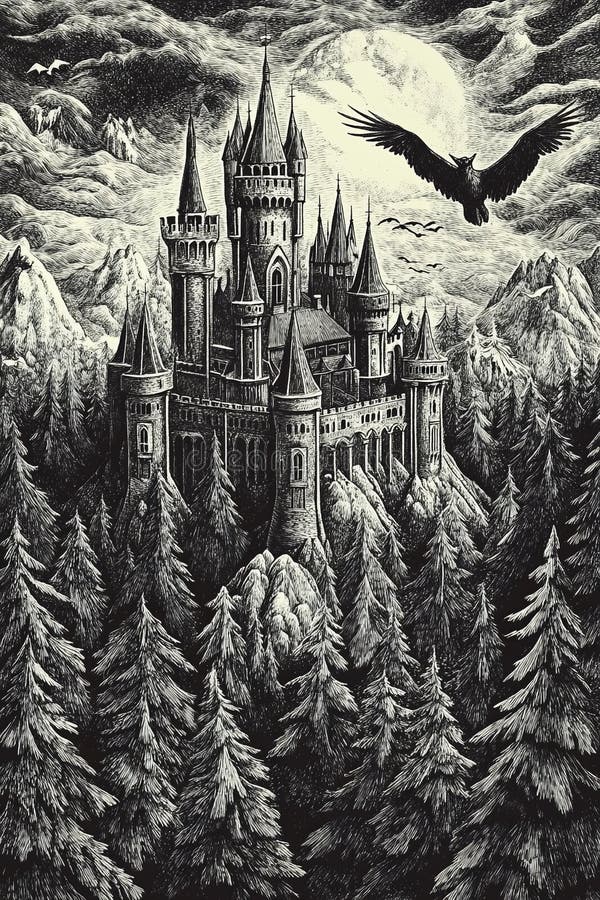 An Engraving of a Medieval Castle Surrounded by Dense Forests Created ...